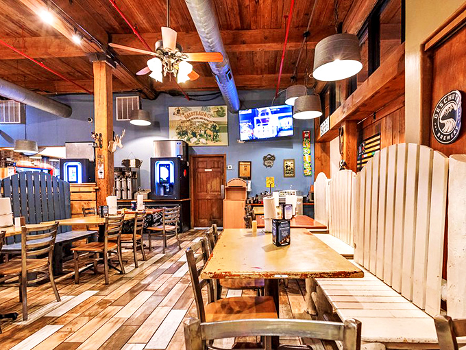 The dining room feels like your coolest friend's cabin—if that friend happened to be a barbecue savant with excellent taste.