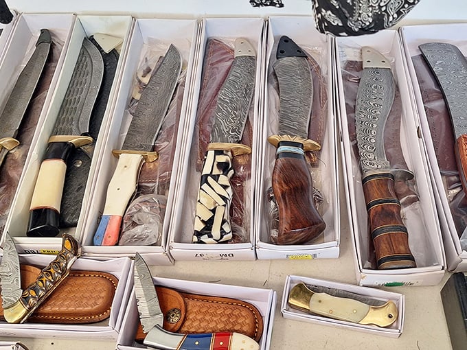 Not your average cutlery collection! These artisanal knives blend craftsmanship with function, displaying patterns that would make a metallurgist swoon.