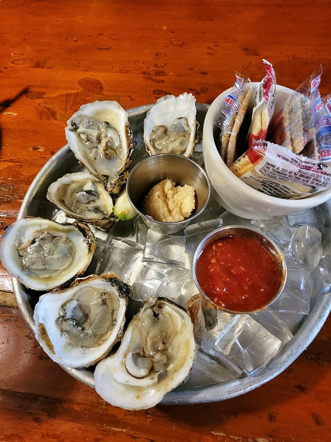 Raw oysters on ice—nature's perfect appetizer, requiring nothing more than a squeeze of lemon and a moment of gratitude.