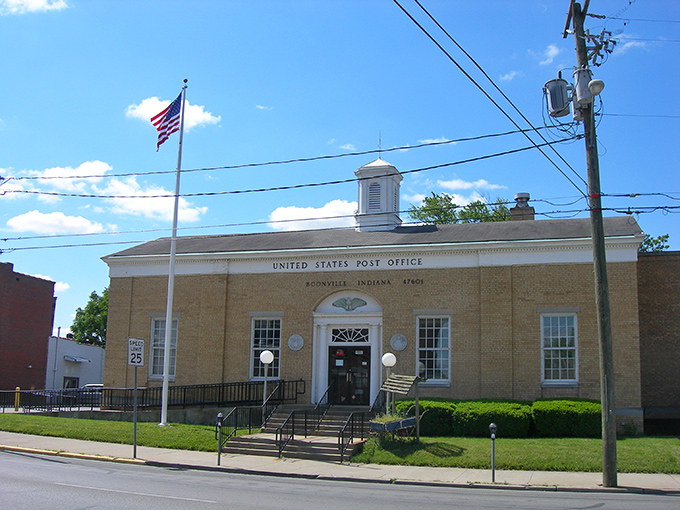 The Post Office maintains that classic government building dignity—when federal architecture said "We're important" without needing to shout it.