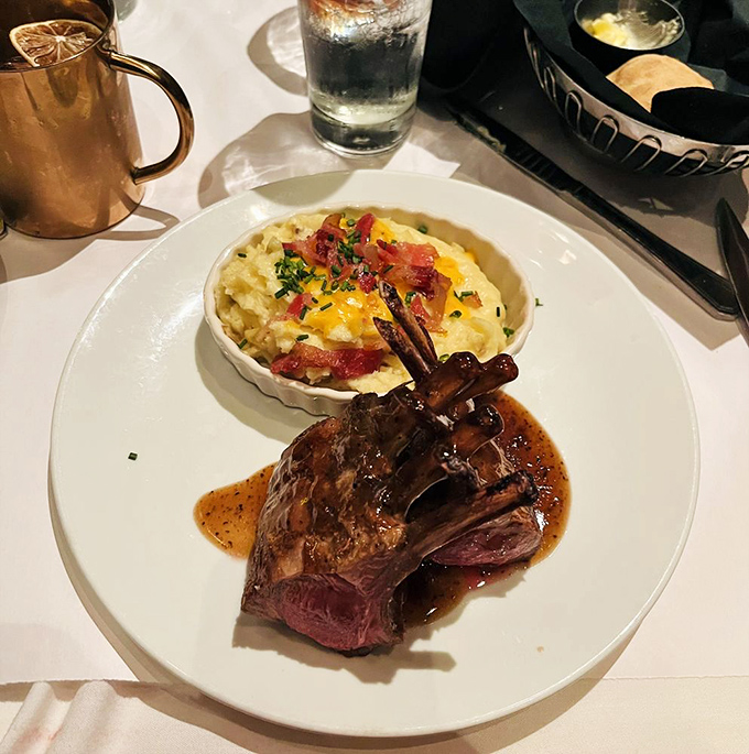 Rack of lamb with loaded mashed potatoes—the kind of plate that makes nearby diners develop sudden menu envy.