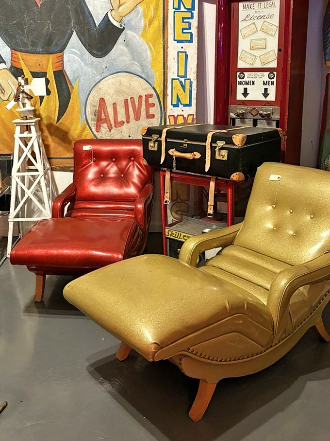 Mid-century loungers in gold and crimson vinyl await new homes, their atomic-age curves promising to transform any room into a Mad Men set waiting for cocktails.