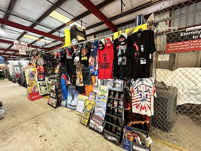 Pop culture immortalized on cotton—where vintage graphics and modern memes coexist on the same rack, waiting for their next chance at relevance.