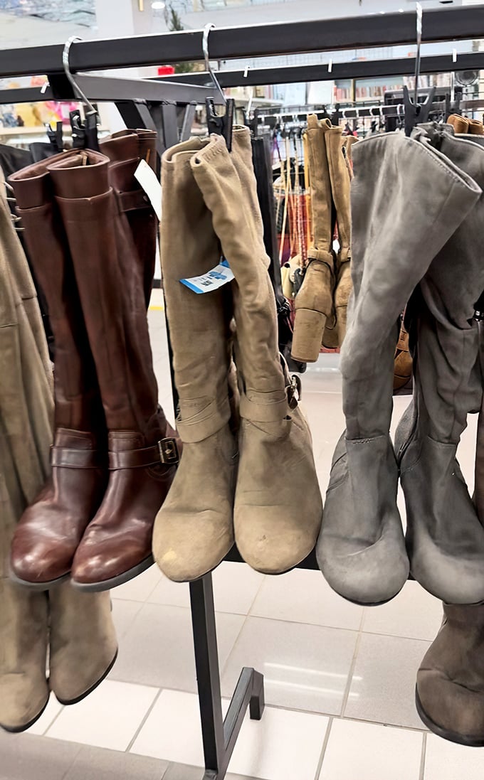 Boot boulevard, where leather storytellers line up—each pair having walked different paths before finding their way here.