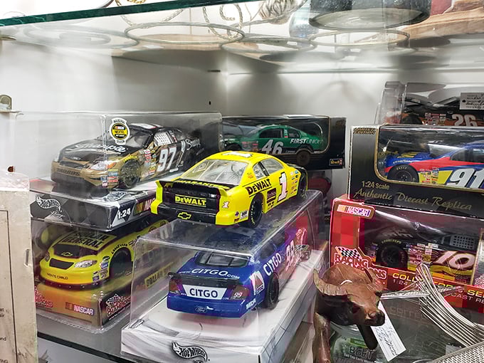 These miniature NASCAR legends sit frozen in perpetual victory laps, waiting for collectors to release them from their plastic purgatory. 