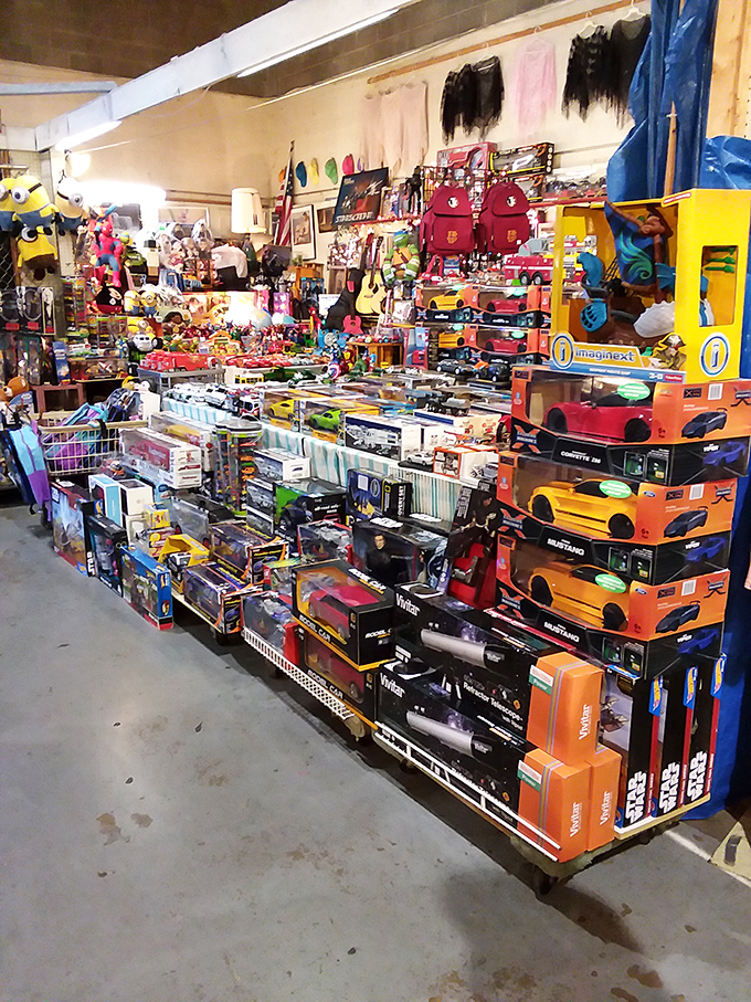 Toy paradise where childhood memories are stacked floor to ceiling. Star Wars meets Barbie in this nostalgic wonderland of playthings.