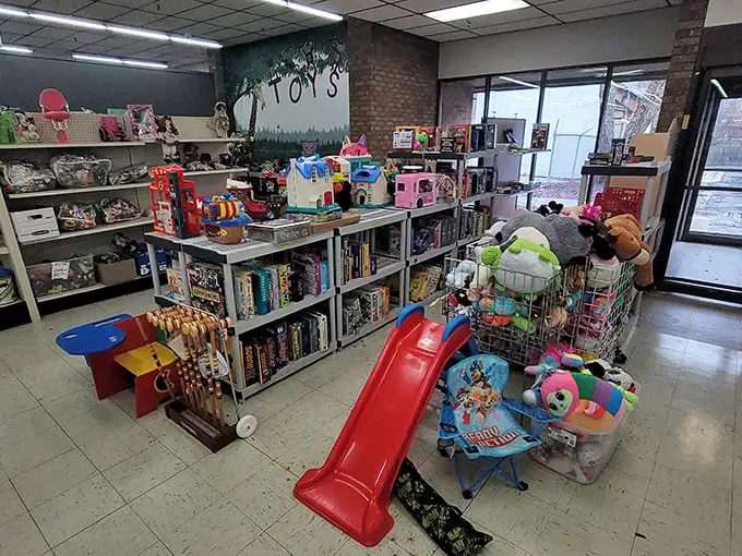 The toy section – where childhood nostalgia gets a second chance. That red slide has probably hosted more giggling descents than a water park.