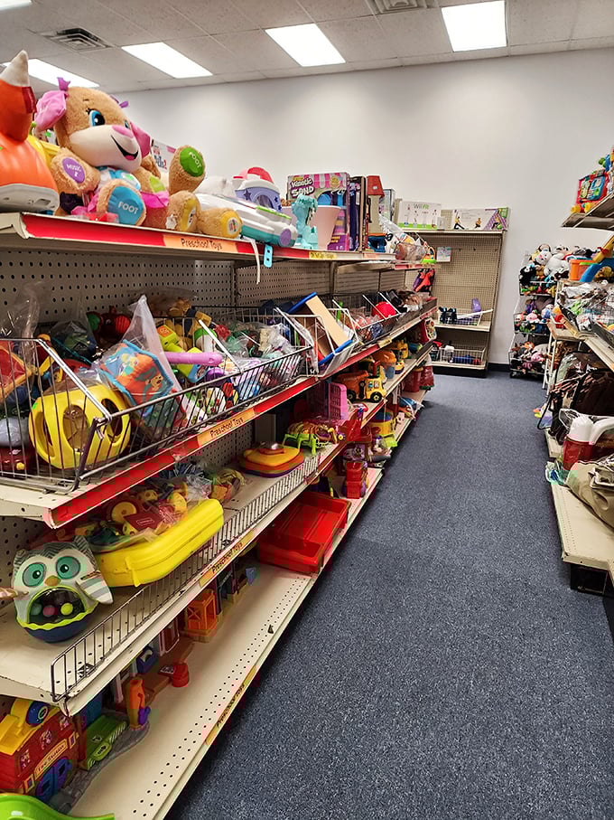 Toy story indeed! This colorful aisle of pre-loved playthings proves that imagination doesn't need batteries or a hefty price tag.