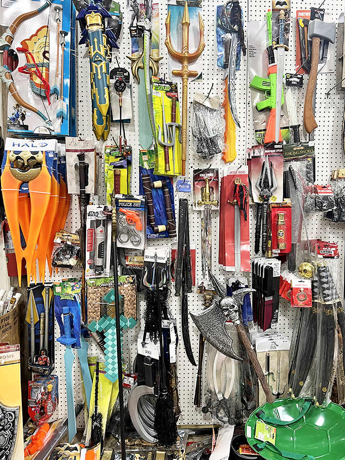 The toy wall is like a time capsule of childhood fun—from water guns to action figures, all waiting for a second chance at adventure.