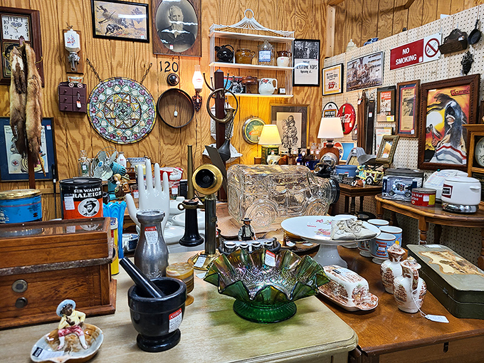 A cabinet of curiosities where vintage plates, glassware and figurines create a still life worthy of a museum—except here, you can actually touch everything.