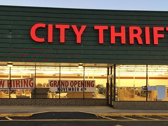 City Thrift announces itself with no-nonsense confidence. That bold red sign is the bat signal for bargain hunters.