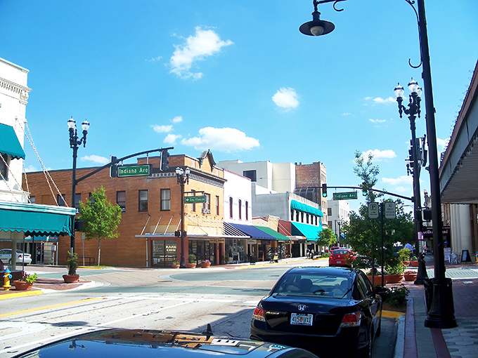 DeLand's historic downtown glows in the morning light, turning brick buildings into a bright, inviting scene.