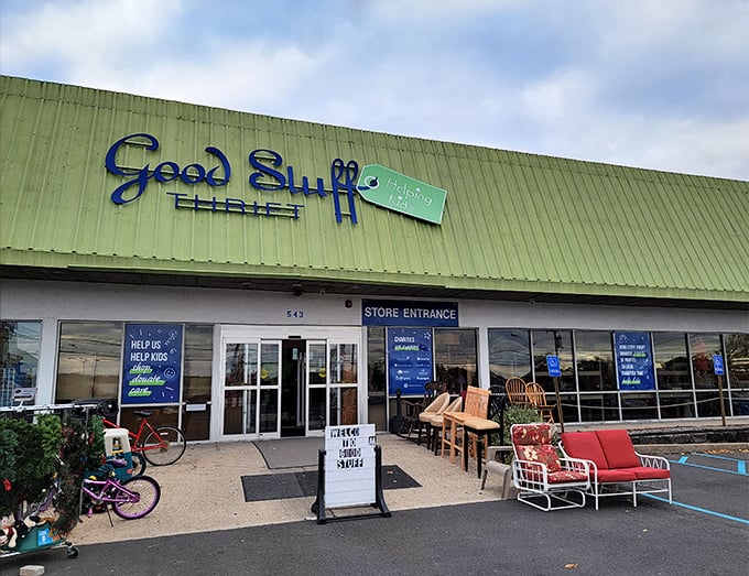 The bright yellow exterior of Good Stuff Thrift promises exactly what the name suggests—good stuff waiting to be discovered inside!