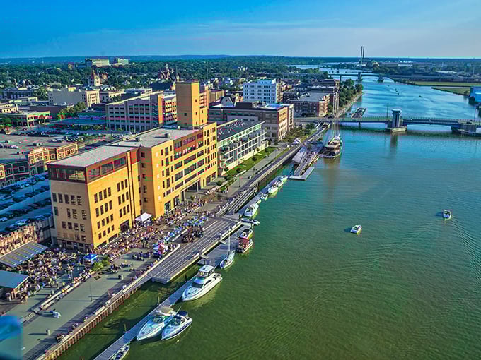 Green Bay's buildings reach skyward like the hopes of Packers fans at the start of every season.