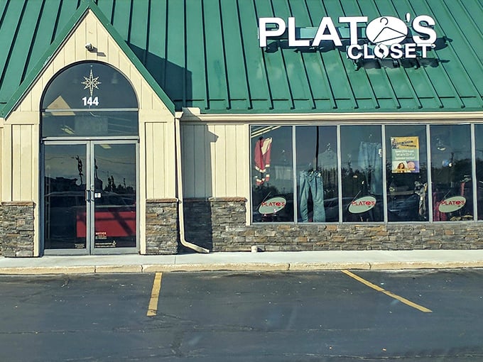 Plato's Closet's distinctive green-roofed entrance promises teen fashion treasures without the mall price tags that cause parental panic.