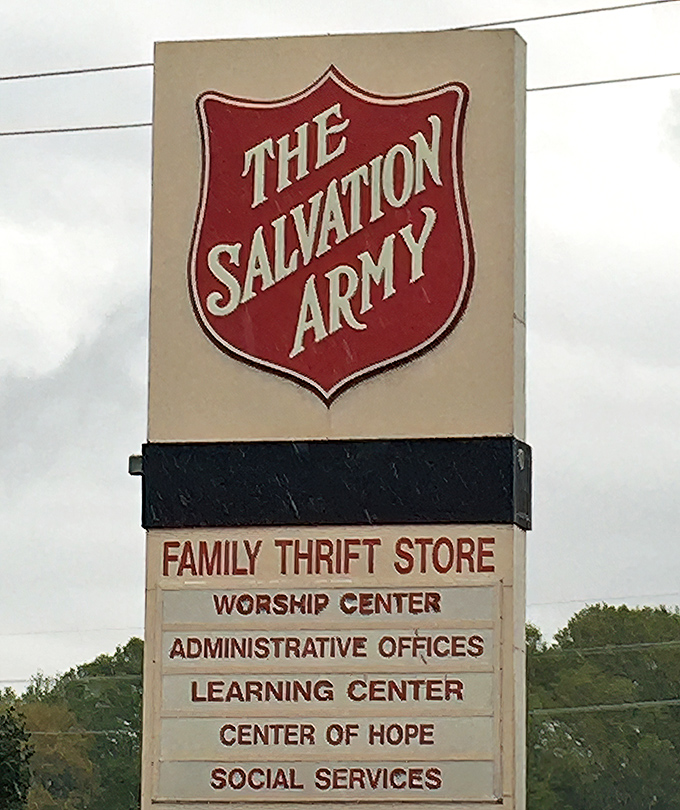 The iconic red shield of Salvation Army stands as a promise—your shopping dollars here help others while you help yourself to bargains.