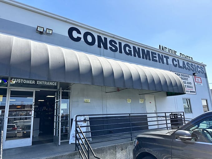 Consignment Classics' no-nonsense exterior belies the wonderland of vintage treasures hiding inside.