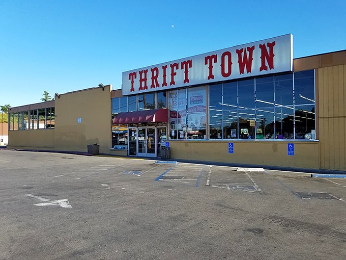 Thrift Town's bold red signage announces itself without apology. This Sacramento institution has been filling homes and emptying wallets for decades!
