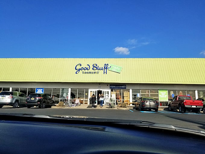 Sunshine gleams off Good Stuff's inviting façade. That yellow-green combo practically screams "Happy bargains inside!"