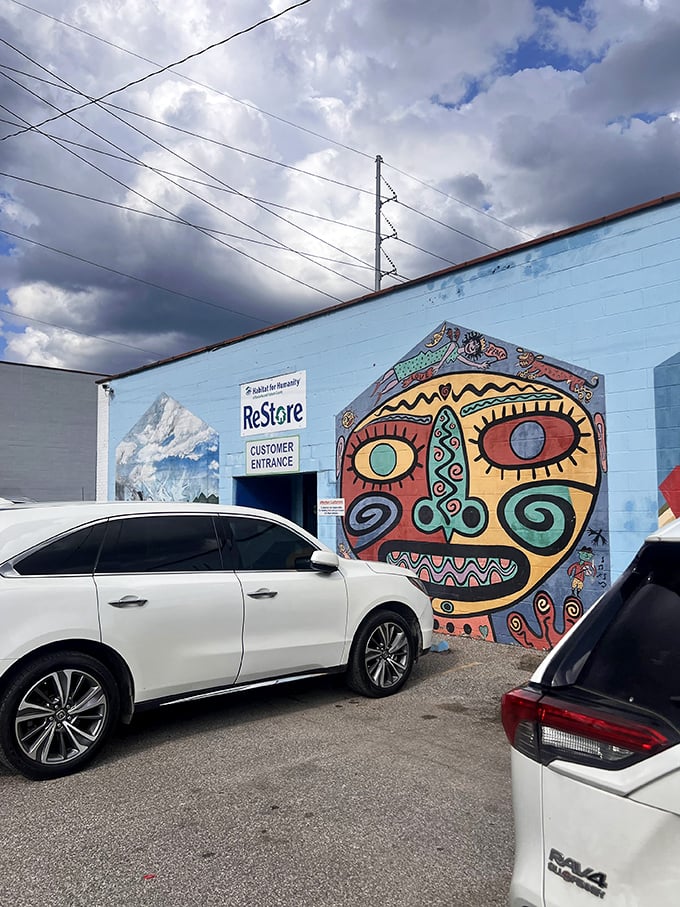 That mural isn't just decoration—it's a preview of the creative possibilities waiting inside this treasure trove of home goods.