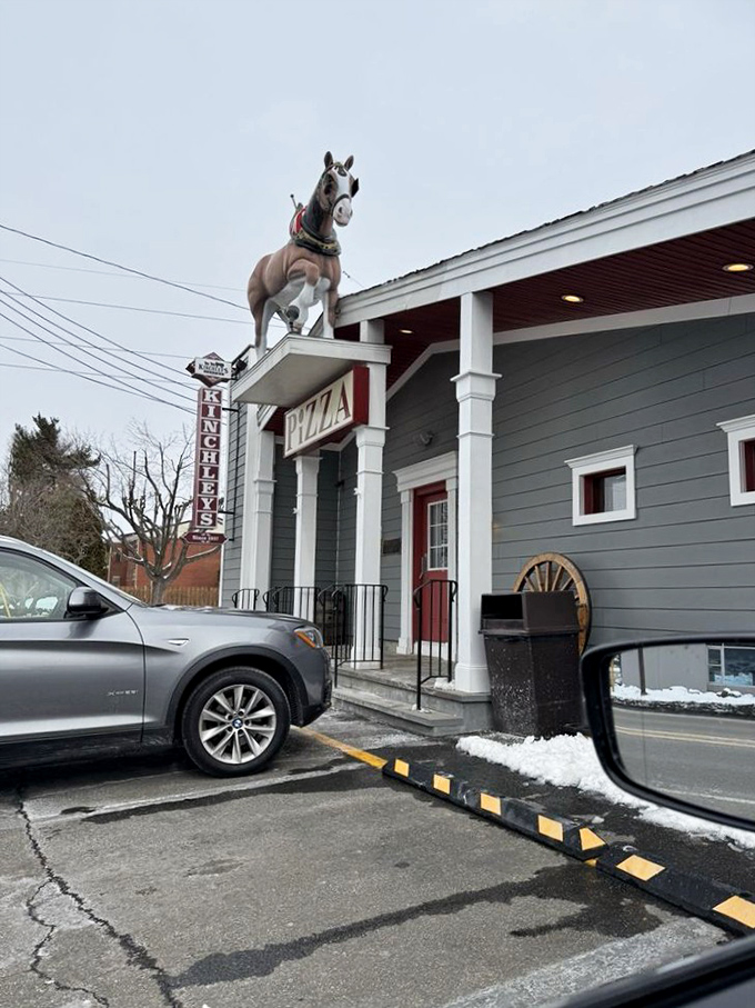 Kinchley's horse statue has watched over decades of pizza perfection – a quirky landmark guarding some of Jersey's finest thin crust.