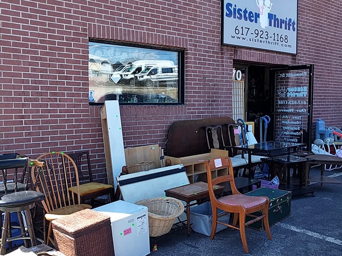 The outdoor furniture display at Sister Thrift is like a yard sale curated by design professionals – unexpected finds at unbelievable prices.