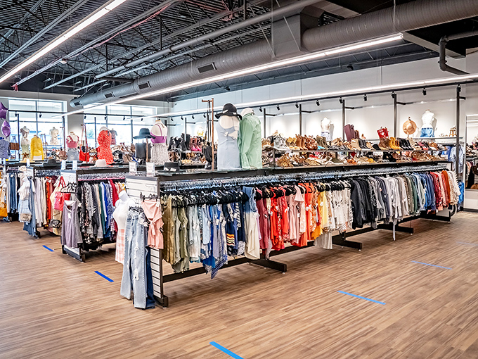 Modern lighting showcases carefully curated clothing collections. This isn't grandma's thrift store—it's resale with attitude!