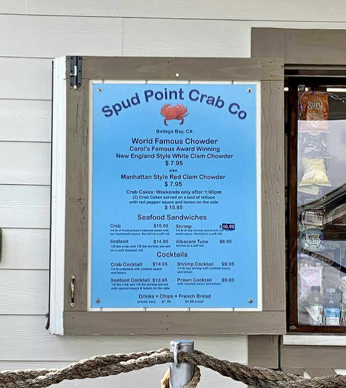 The blue menu board – a siren song of seafood delights. Carol's award-winning chowder sits at the top for good reason.
