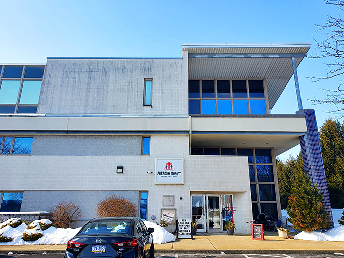 The modern exterior of Freedom Thrift belies the treasure trove within—like finding a five-star restaurant in a gas station, the surprises await inside.