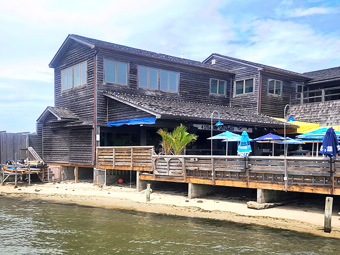 Where land meets water and hunger meets satisfaction—the Rusty Rudder's weathered exterior promises seafood treasures just steps from Rehoboth Bay.