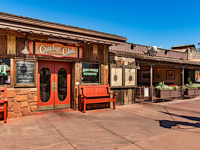 The Western welcome wagon! Cowboy Club's rustic exterior with its signature longhorn skull promises authentic Southwestern flavors against Sedona's stunning backdrop.