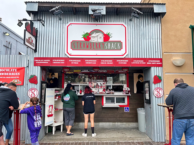 The Strawberry Shack's corrugated metal exterior proves that paradise doesn't need marble columns – just fresh berries and happy customers.