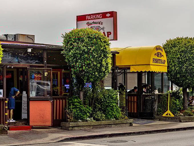 The coral-colored beacon of Barbara's stands proud against Half Moon Bay's sky, promising treasures within.