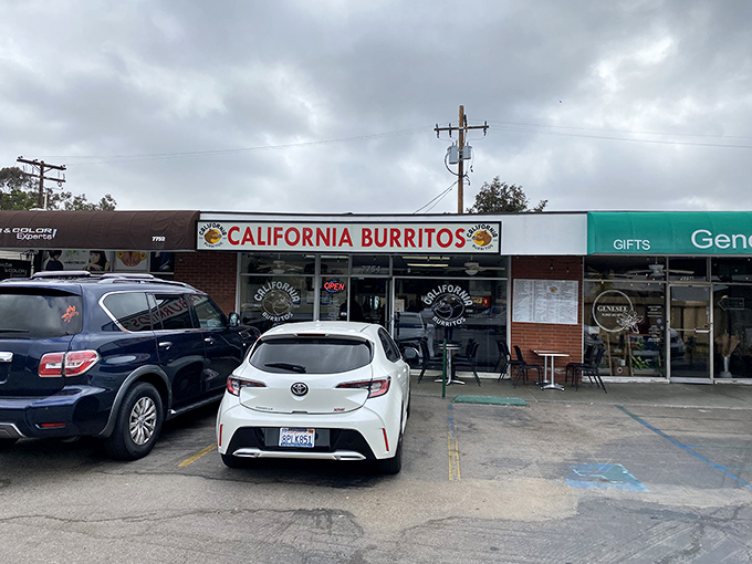 The unassuming storefront where breakfast dreams come true. California Burritos' bold red sign promises exactly what you'll get—no frills, just flavor.