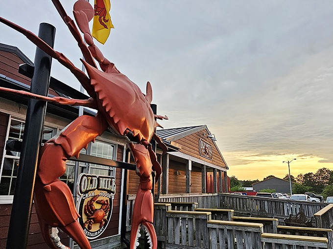 The iconic red exterior with its giant crab sign is like a lighthouse for hungry seafood lovers navigating the Delmarva Peninsula.