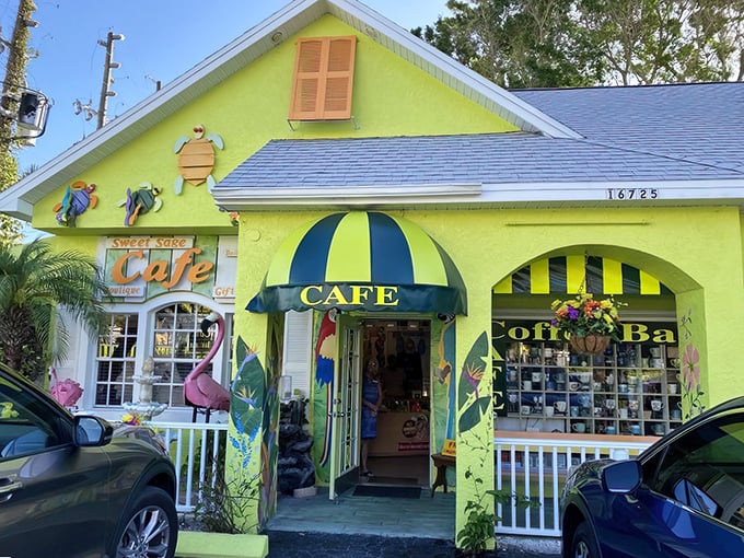 The lime-green facade of Sweet Sage Cafe isn't just a building—it's a mood announcement that screams "vacation mode activated!"