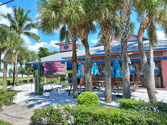The pink exterior of The Lazy Flamingo isn't just a building—it's a promise of Florida fun that delivers every time. Classic cars and palm trees complete the postcard-perfect scene.