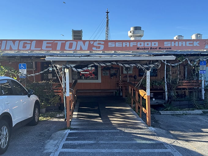 The charming storefront at Singleton's isn’t just eye-catching—it’s a promise of the bold and flavorful seafood experience waiting inside this Jacksonville waterfront gem.