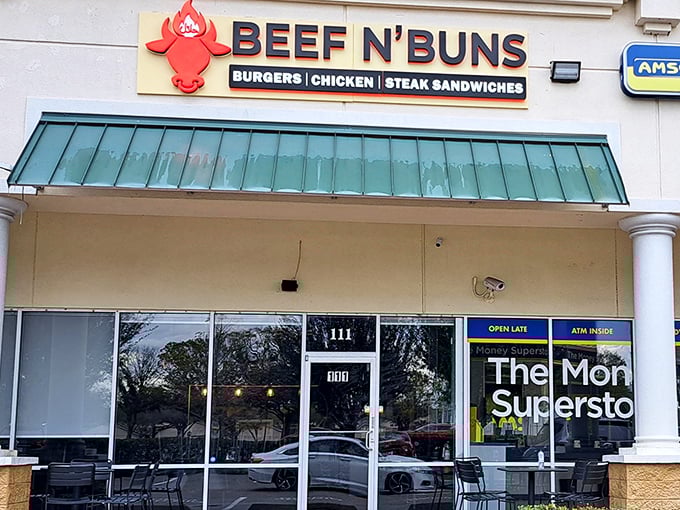 The red bull logo winks at hungry passersby, promising a burger experience worth crossing county lines for. No fairy dust needed.