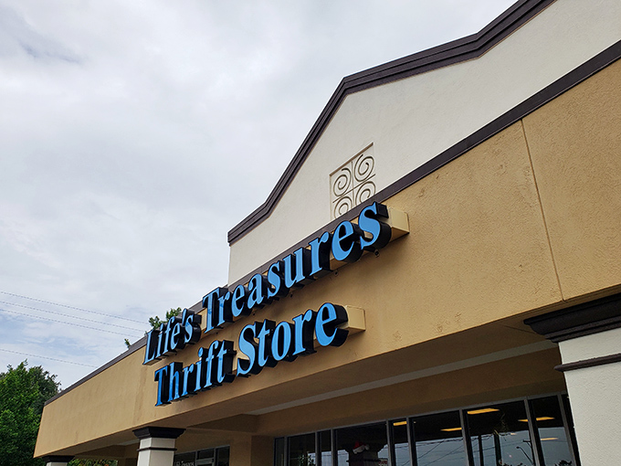 The bright blue signage of Life's Treasures stands out like a beacon for bargain hunters, promising adventures in affordable retail therapy.