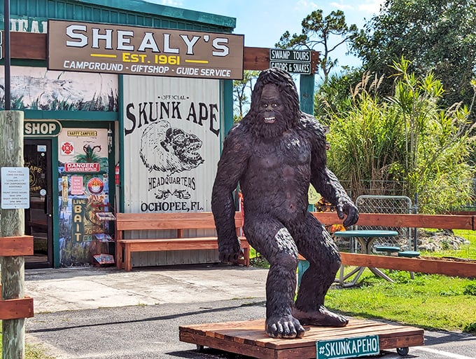 Welcome to cryptozoology's most charming outpost! The Skunk Ape Research Headquarters greets visitors with its signature hairy greeter, standing guard like a furry bouncer with stage fright.