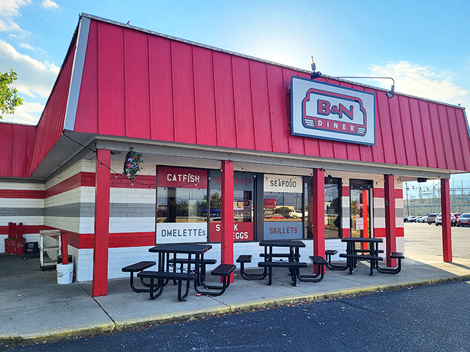 The bright red exterior of B&N Diner stands like a beacon of breakfast hope on Lafayette's landscape. No pretension, just promise.