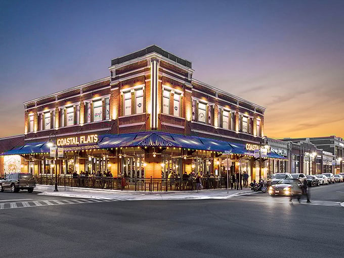 The corner brick building glows like a lighthouse at dusk, beckoning hungry travelers to drop anchor at this Gaithersburg seafood haven.