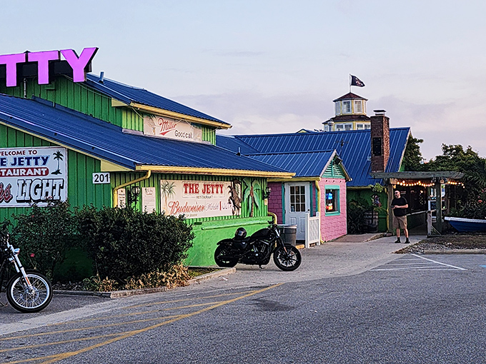 Candy-colored stools against seafoam green walls – The Jetty's exterior is like a Jimmy Buffett song come to life on Maryland's Eastern Shore.