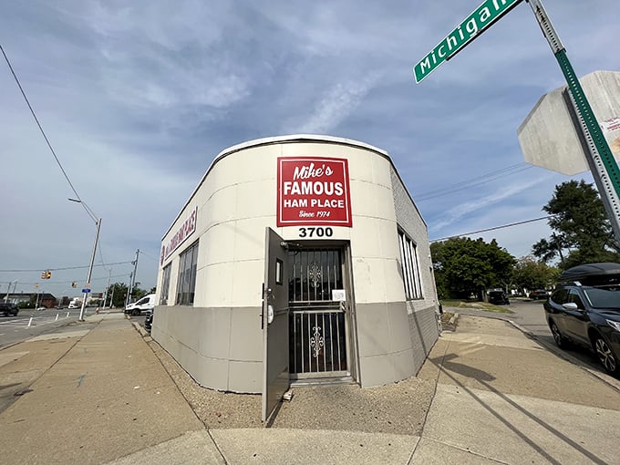 The architectural equivalent of a firm handshake – Mike's Famous Ham Place stands proudly on its Detroit corner, promising honest food without the fuss.