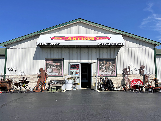 The unassuming exterior of Coldwater Antique Mall hides a universe of treasures inside, like finding the TARDIS of vintage collectibles in rural Michigan.