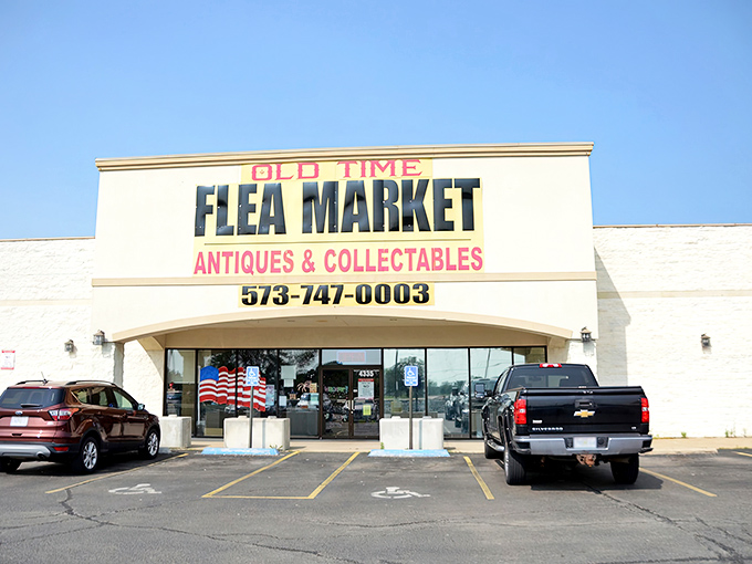 The unassuming exterior of Old Time Flea Market belies the treasure trove within—like finding a gourmet meal at a gas station, the surprises await inside.