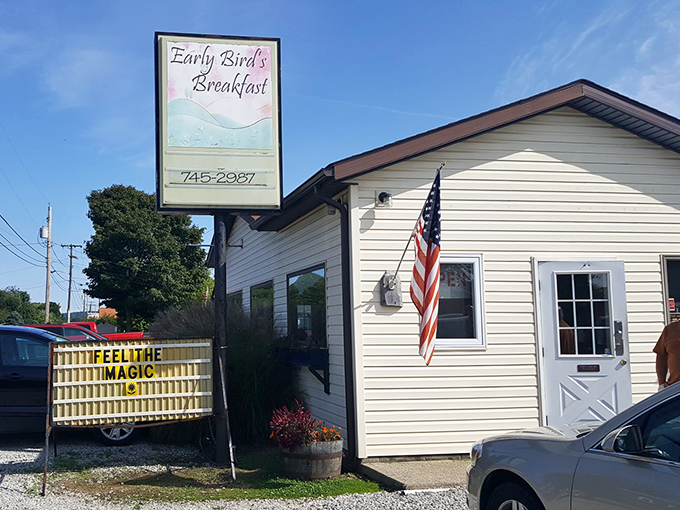 The unassuming exterior of Early Birds Breakfast might not stop traffic, but the license plates in the parking lot tell the real story – people travel for this food.