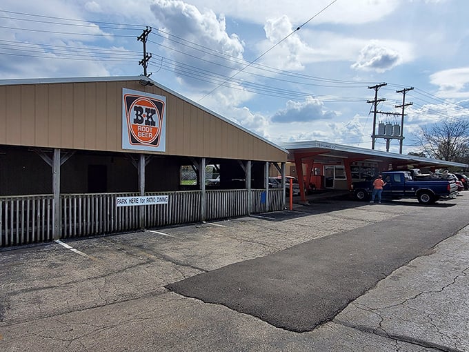 The unassuming exterior of B-K Root Beer Drive-In stands as a time capsule of Americana, where nostalgia isn't manufactured—it's simply preserved through decades of serving thirsty Ohioans.