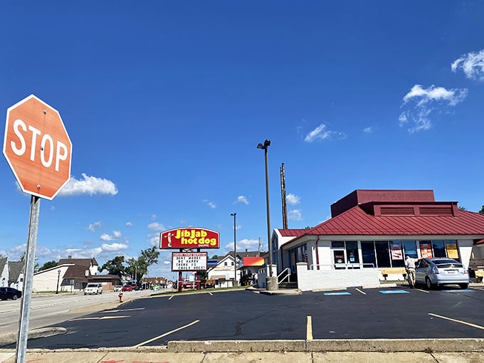 That iconic red roof and vintage sign against the Ohio sky – like a beacon calling all hot dog pilgrims home to their meaty mecca.